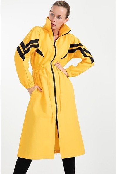 Sinhan Sarı Renk Kol Detaylı Fermuarlı Uzun Trençkot