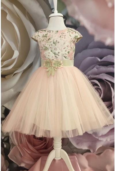 Dide Kids Dide Kız Çocuk Simli Empirme Çiçek Desenli Pudra Abiye Elbise