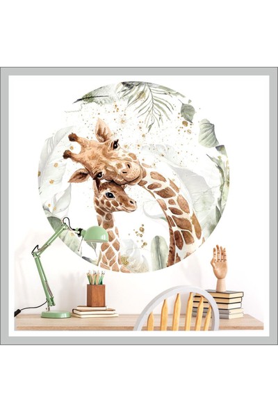 Tasarım Adası Yaprak Desenli Zürafa Ailesi Çocuk Odası Duvar Sticker