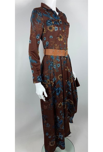 Moda Kardelen 058 Moda Kardelen Bayan Çiçekli Düğmeli Elbise
