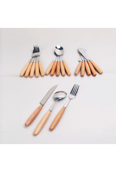 Balsa 18 Parça Bambu Saplı Lüx Tatlı Çatal-Kaşık-Bıçak Seti 6 Kişilik