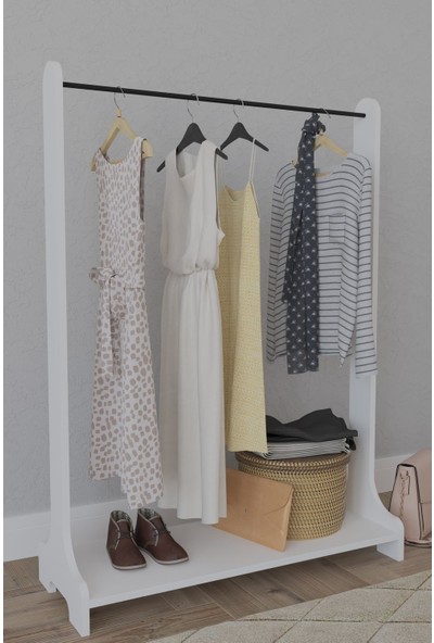 Remaks Still Portmanto Ayaklı Elbise Askısı ve Konfeksiyon Askılık Elbise Dolabı - Beyaz / Siyah