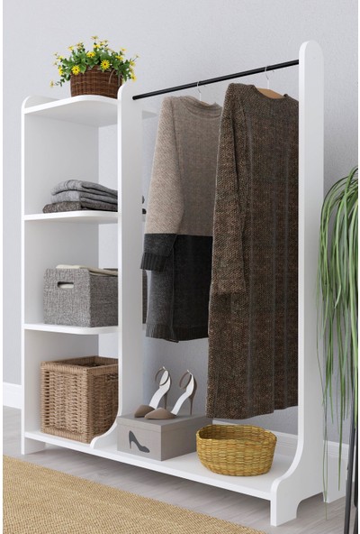 Remaks Tarz Portmanto Ayaklı Elbise Askısı ve Konfeksiyon Askılık Elbise Dolabı - Beyaz