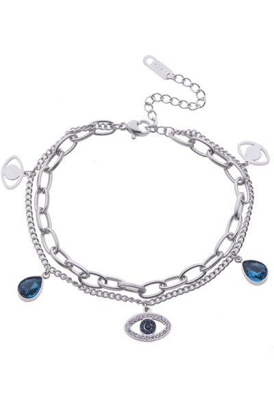 Modamugo Çelik Ikili Zincir Sallantılı Bileklik, Renkli Zirkon Taşlı, Nazar Gözlü - Rodyum 18 cm Modamugo Çelik Ikili Zincir Sallantılı Bileklik, Renkli Zirkon Taşlı, Nazar Gözlü - Rodyum 18 cm