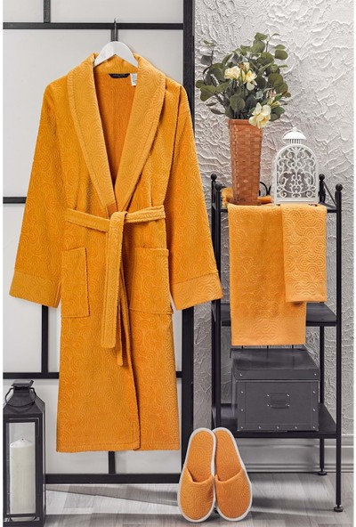 Vevien Home Kadife Jakarlı 4 Parça Bornoz Takımı Hardal