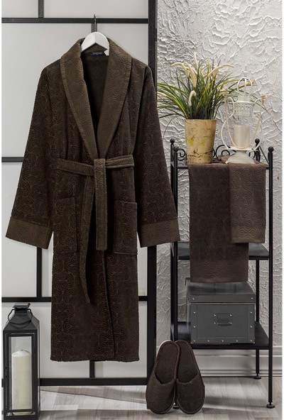 Vevien Home Kadife Jakarlı 4 Parça Bornoz Takımı Kahve