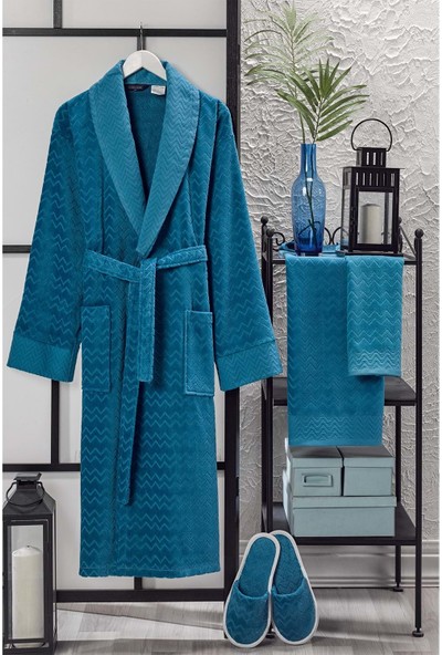 Vevien Home Ansaaj Kadife Jakarlı 4 Parça Bornoz Takımı Mavi