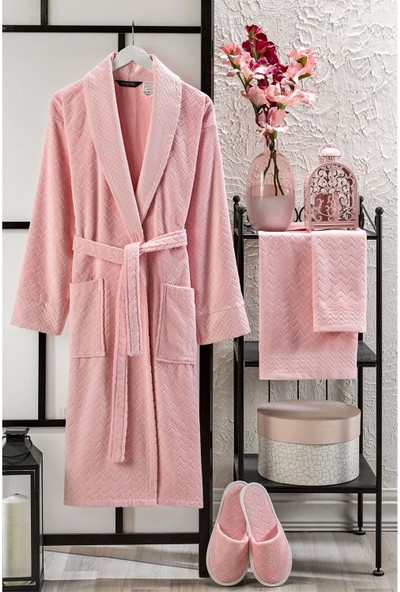 Vevien Home Ansaaj Kadife Jakarlı 4 Parça Bornoz Takımı Pudra