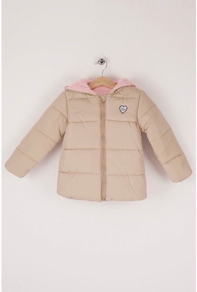 Mika Bebek Kalp Nakışlı Kapüşonlu Bej Kız Bebek Şişme Mont