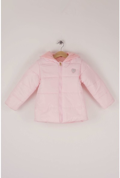 Mika Bebek Kalp Nakışlı Kapüşonlu Toz Pembe Kız Bebek Şişme Mont