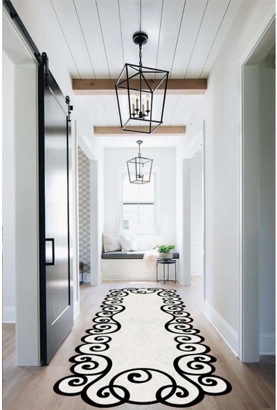 Cappio Halı Lazer Kesim Siyah Motifli Beyaz Halı Makinede Yıkanabilir