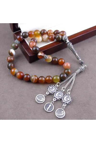 Tesbih Rüyası 925 Ayar Gümüşlü Renkli Akik Taşı Tesbih