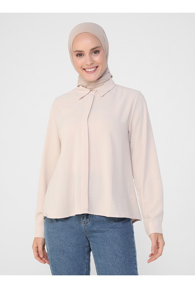 Refka Aerobin Gizli Patlı Arkası Uzun Bluz Gömlek- Açık Bej - Refka Casual