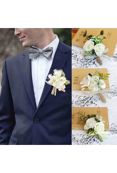 Charge Düğün Yapay Beyaz Gül Çiçek Damat Yaka Çiceği
