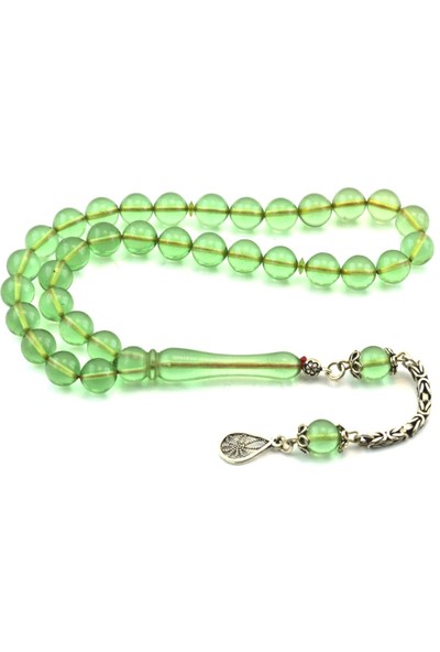 Tesbihediye 925 Ayar Gümüş Küre Kesim Su Yeşili Ateş Kehribar Tesbih