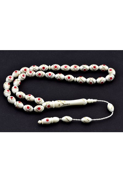Tesbihediye Arpa Kesim Kırmızı Mineli Deve Kemiği Tesbih