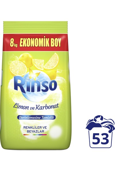 Rinso Toz Çamaşır Deterjanı Renkliler ve Beyazlar İçin Limon ve Karbonat Derinlemesine Temizlik 8 KG 53 Yıkama 1 Adet Rinso Toz Çamaşır Deterjanı Renkliler ve Beyazlar İçin Limon ve Karbonat Derinlemesine Temizlik 8 KG 53 Yıkama 1 Adet
