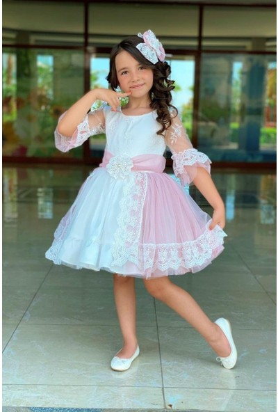 Riccotarz Kız Çocuk Güpürlü Fransız Dantelli Pudra-Beyaz Abiye