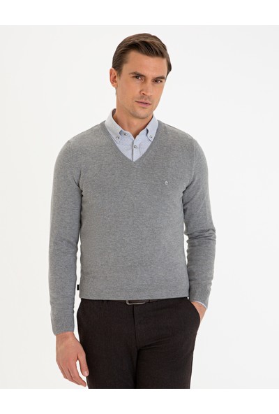 Pierre Cardin Gri Melanj Slim Fit V Yaka Basic Triko Kazak 50229214-VR086 Pierre Cardin Gri Melanj Slim Fit V Yaka Basic Triko Kazak 50229214-VR086
