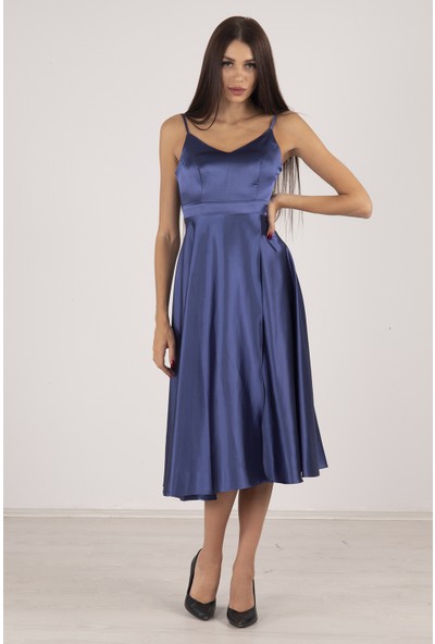 Belamore Indigo Sırtı Çapraz Ip Bağlamalı Saten Kumaş Abiye&mezuniyet Elbisesi 1301648.98