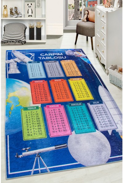 Colizon Dekoratif Kaymaz Tabanlı Çarpım Tablosu Uzay Çocuk Halısı