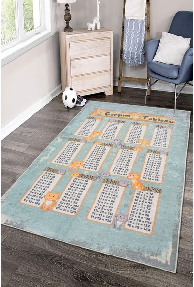 Colizon Dekoratif Kaymaz Tabanlı Çarpım Tablosu Kedi Çocuk Halısı