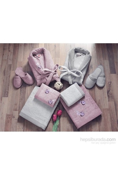 Cotton Box Bambu Aile Bornoz Seti Nakışlı Mürdüm Gri Cotton Box Bambu Aile Bornoz Seti Nakışlı Mürdüm Gri