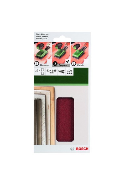 Bosch - Titreşimli Zımpara Kağıdı 10'Lu, 93 X 185 Mm 120 Kum 8 Delik