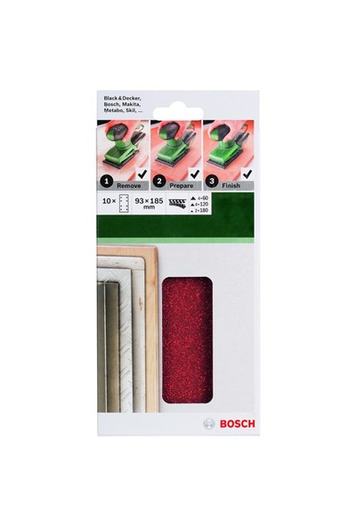 Bosch - Titreşimli Zımpara Kağıdı 10'Lu Set, 93 X 185 Mm 60/120/180 Kum 8 Delik