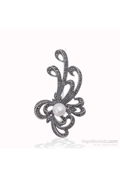 Tekbir Silver Gümüş Markazit Taşlı Desenli İnci Broş Tekbir Silver Gümüş Markazit Taşlı Desenli İnci Broş