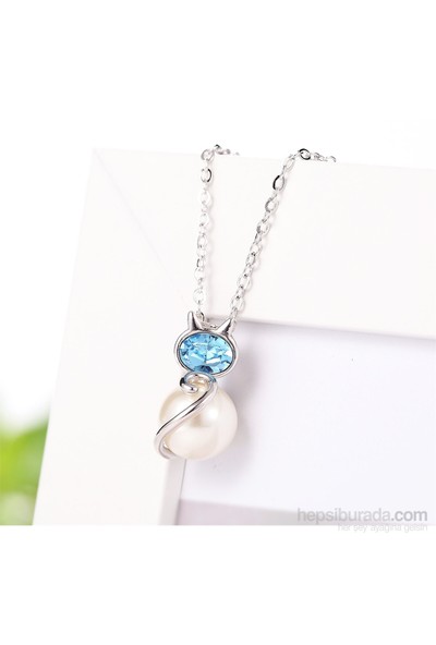 Monemel Mavi Swarovski® Taşlı İncili Kedi Kolye