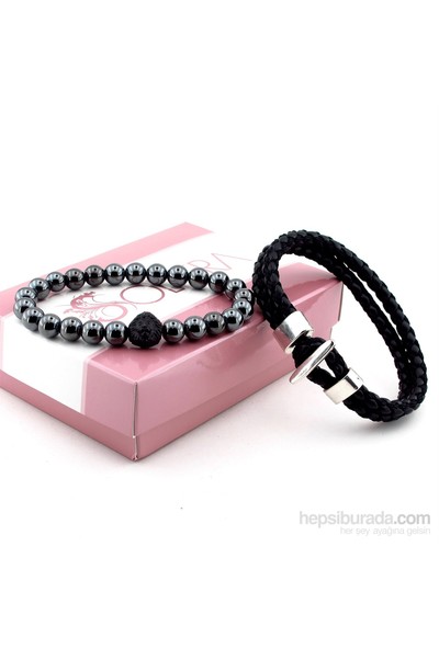 Solfera Hematit Doğal Taş Ve Deri Bileklik Bk030