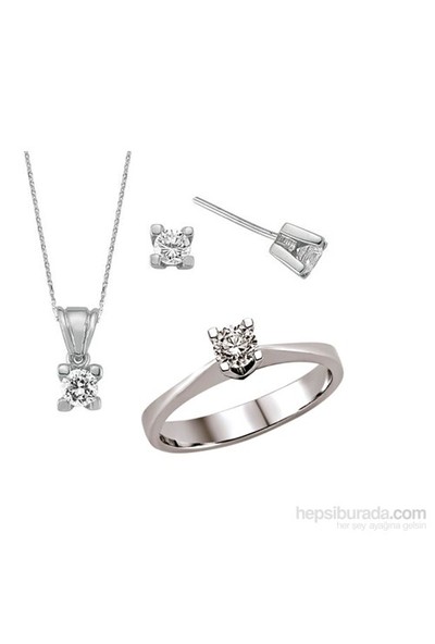 Silver & Silver 4 ct Zirkon Taşlı Kolye, Küpe, Yüzük Tektaş Set Silver & Silver 4 ct Zirkon Taşlı Kolye, Küpe, Yüzük Tektaş Set