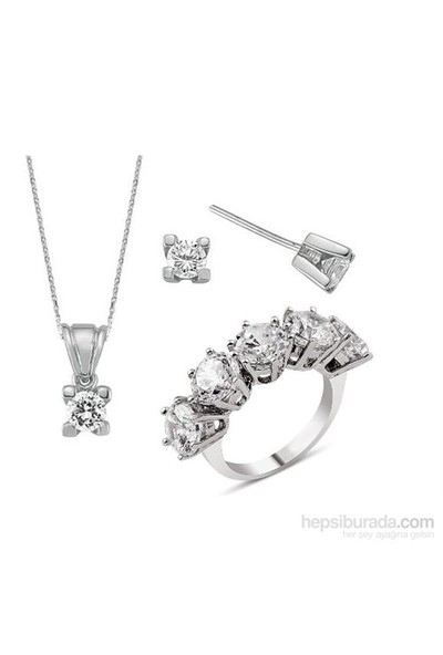 Silver & Silver 8 ct Zirkon Taşlı Kolye, Küpe, Beştaş Yüzük Set
