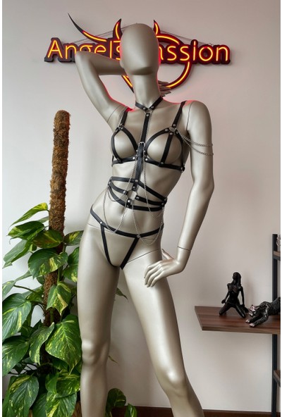 Angels Passion Siyah Deri Korse Harness Takım