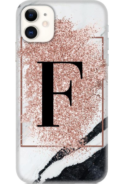 Gramaphone iPhone 11 Kılıf Hd Baskılı Kılıf - Pembe Mermer Desenli F Harfi