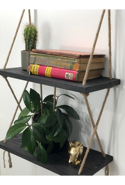 O&A Wood Halatlı Doğal Ahşap Dekoratif Duvar Rafı, 2 Katlı Ahşap Çiçeklik, Hasır Ipli Ahşap Uçan Raf, Siyah O&A Wood Halatlı Doğal Ahşap Dekoratif Duvar Rafı, 2 Katlı Ahşap Çiçeklik, Hasır Ipli Ahşap Uçan Raf, Siyah