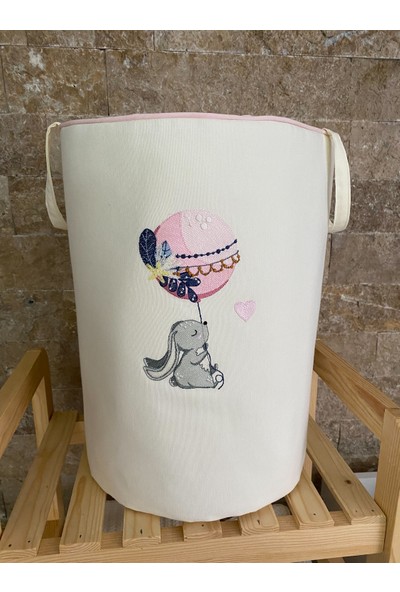Hs Hometex Balonlu Tavşan Nakışlı Bez Oyuncak & Kirli Sepeti