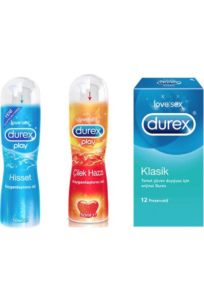 Durex Çilek Aromalı 50 ml + Durex Klasik Prezervatif 12 Li+ Durex Play Su Bazlı Kayganlaştırıcı 50 ml Durex Çilek Aromalı 50 ml + Durex Klasik Prezervatif 12 Li+ Durex Play Su Bazlı Kayganlaştırıcı 50 ml