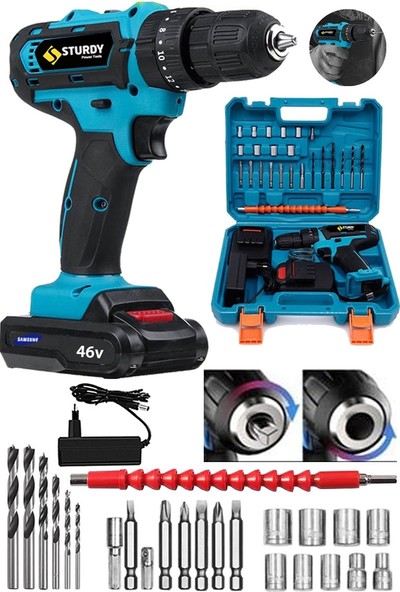 Sturdy Power Tools 46 Volt 5.0 Amper Express Seri Çift Akülü 27 Parça Uç Setli Şarjlı Vidalama Matkap Sturdy Power Tools 46 Volt 5.0 Amper Express Seri Çift Akülü 27 Parça Uç Setli Şarjlı Vidalama Matkap