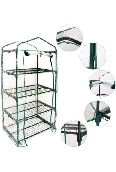 Bahçem - Bahçe Balkon Serası Şeffaf Portatif Metal Raf 4 Katlı Yeşil