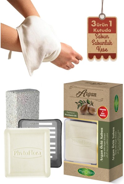 PHYTOFLORA Argan Özlü Doğal Sabun Kese + Sabunluk + Ponza Taşı PHYTOFLORA Argan Özlü Doğal Sabun Kese + Sabunluk + Ponza Taşı