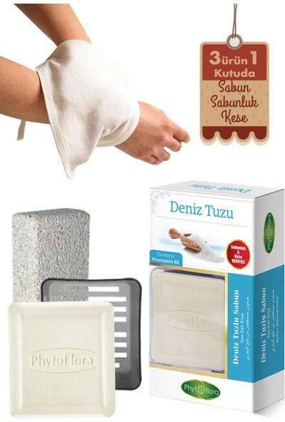 PHYTOFLORA Deniz Tuzlu Doğal Sabun Kese + Sabunluk + Ponza Taşı PHYTOFLORA Deniz Tuzlu Doğal Sabun Kese + Sabunluk + Ponza Taşı