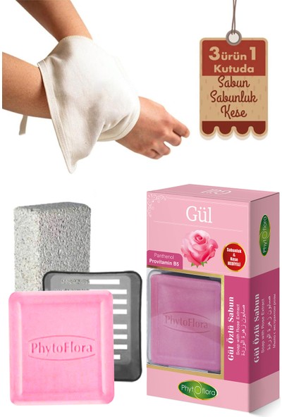 PHYTOFLORA Gül Özlü Doğal Sabun Kese + Sabunluk + Ponza Taşı PHYTOFLORA Gül Özlü Doğal Sabun Kese + Sabunluk + Ponza Taşı