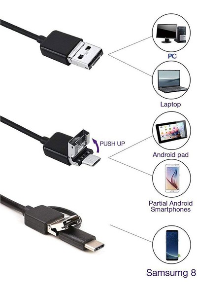 Skygo Endoskop 3 In 1 Yılan Kamera USB Micro USB Type-C 2m Sert Kablo Skygo Endoskop 3 In 1 Yılan Kamera USB Micro USB Type-C 2m Sert Kablo