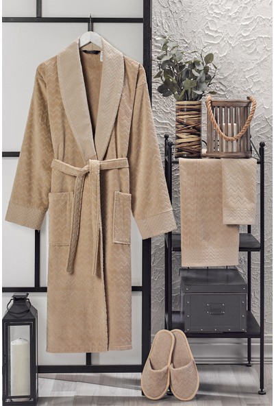 Vevien Home Ansaaj Kadife Jakarlı 4 Parça Bornoz Takımı Bej