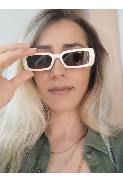 Dekasse Vintage Model Baklava Desen Detaylı Krem Unisex Güneş Gözlüğü