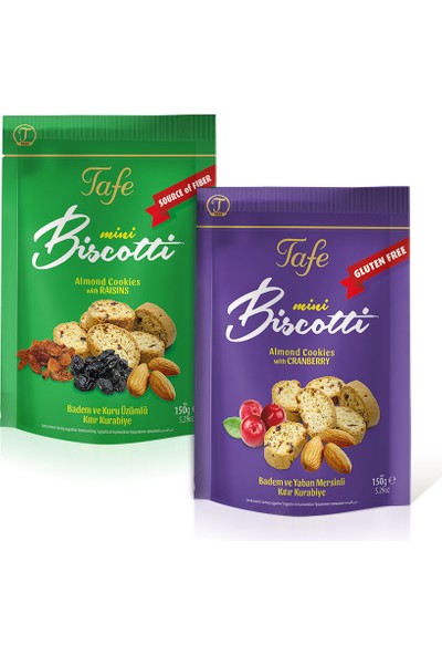 Tafe Glutensiz Yaban Mersinli & Lif Kaynağı Bademli ve Üzümlü Mini Biscotti Kıtır Kurabiye 150 gr x 2