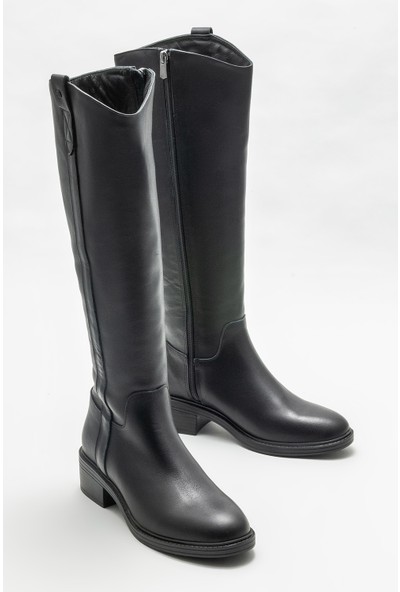 Elle Siyah Deri Kadın Düz Çizme