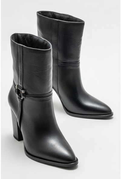 Elle Siyah Deri Kadın Topuklu Bot